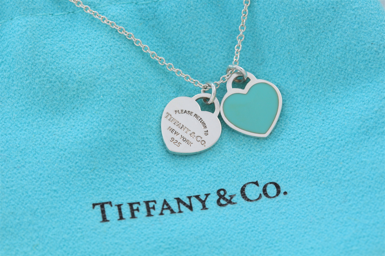 Please Return Tiffany & Co Silver Mini Double Heart Blue Enamel 16 ...