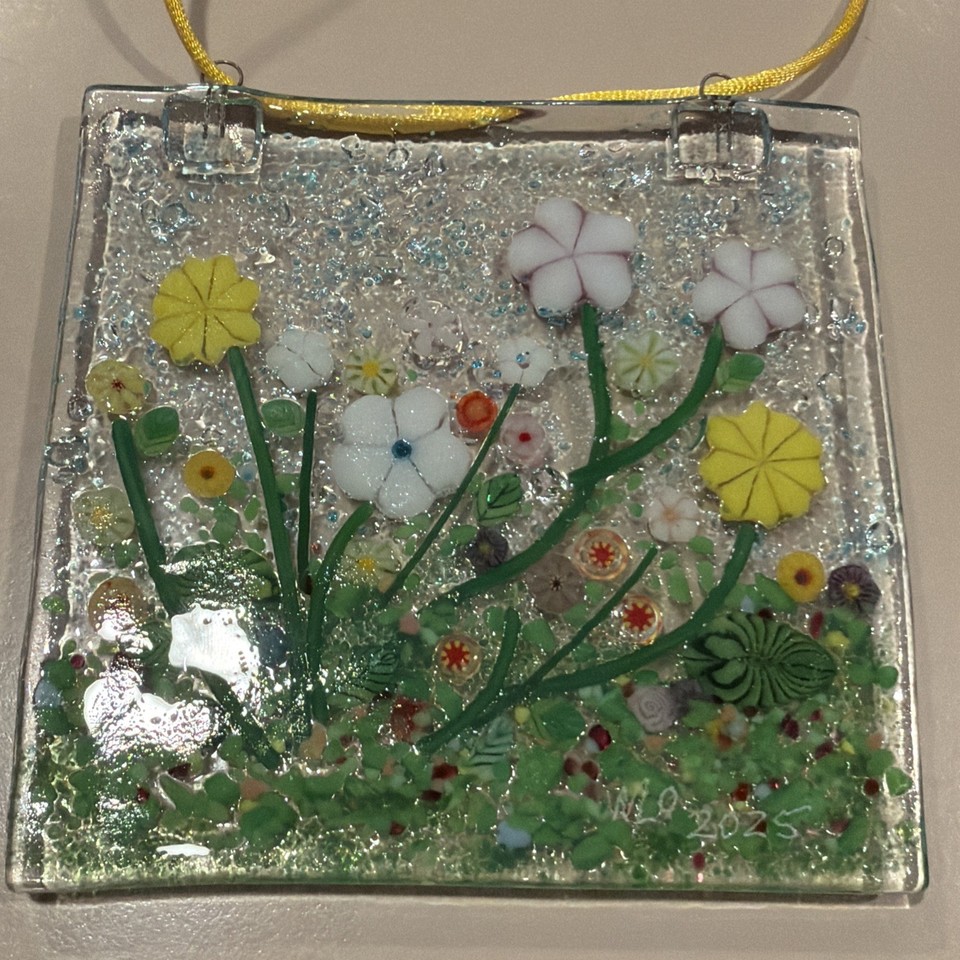 Fused Glass Handmade Square 4”x 4” Multicolor Sun Catcher Signed By ...