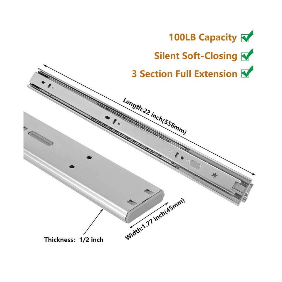 LONTAN Soft Close Drawer Slides 22 Inch Side Mount Heavy Duty Cabinet ...