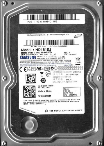 Samsung HD161GJ 160GB Sata Hard Drive F/W: 1AC01117 NO PCB BOARD FOR ...
