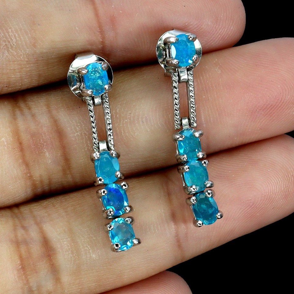 925 Sterling Silver Earrings Oval Blue Opal 4x3mm Natural Gemstone ...