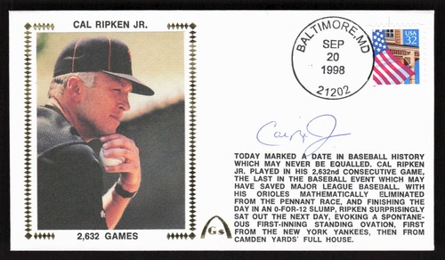 CAL RIPKEN JR Signed 2632 Games Gateway Stamp Baseball Cachet Orioles ...