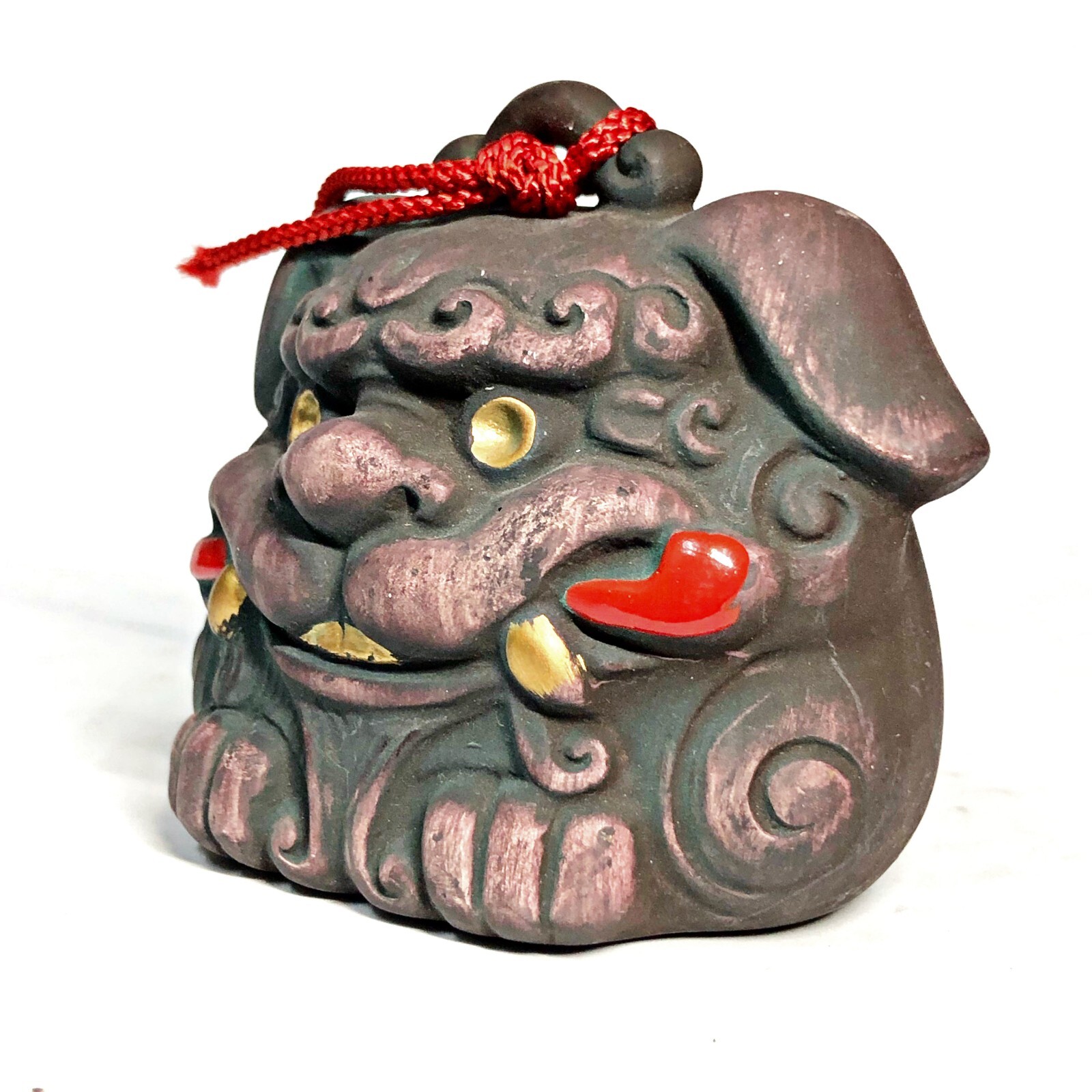 Japanese Clay Bell Dorei Okinawa Shisa Foo Lion Dog Art Oni Head Mask ...