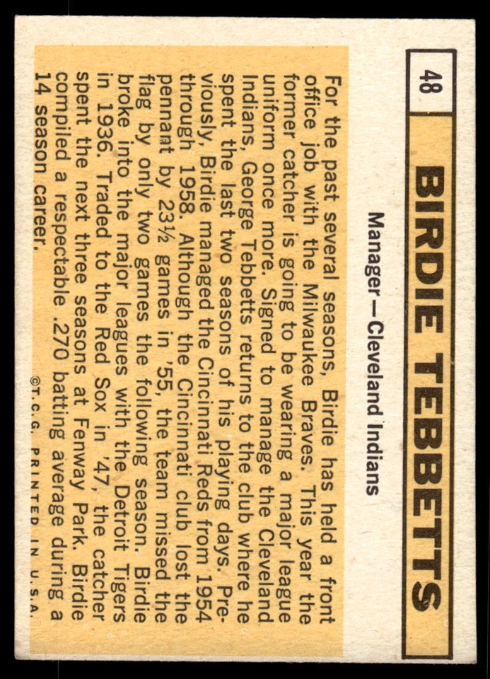 1963 Topps Birdie Tebbetts #48 Cleveland Indians Baseball Card | eBay