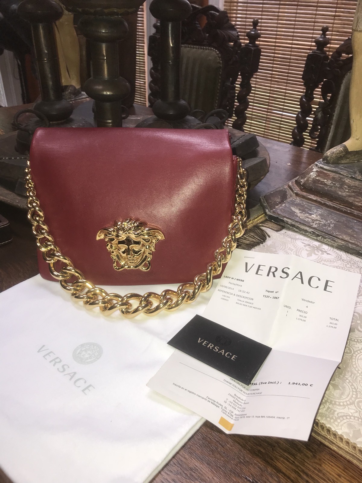 RARE VERSACE Red Leather, GOLD Chain MEDUSA PALAZZO Handbag + RECEIPT ...