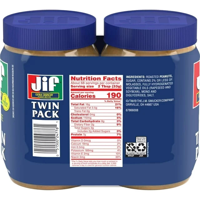 Jif Extra Crunchy Peanut Butter Twin Pack, 80-Ounce Free Shipping USA ...