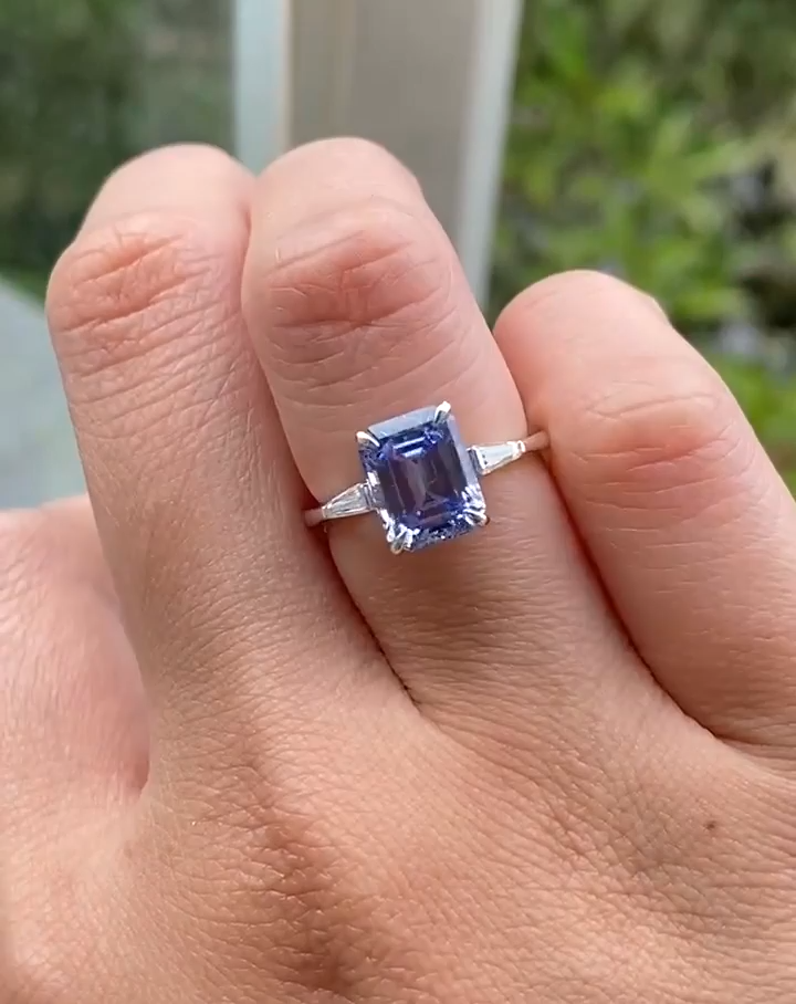 Three Stone Emerald Cut Blue Cubic Zirconia 925 Sterling Silver ...
