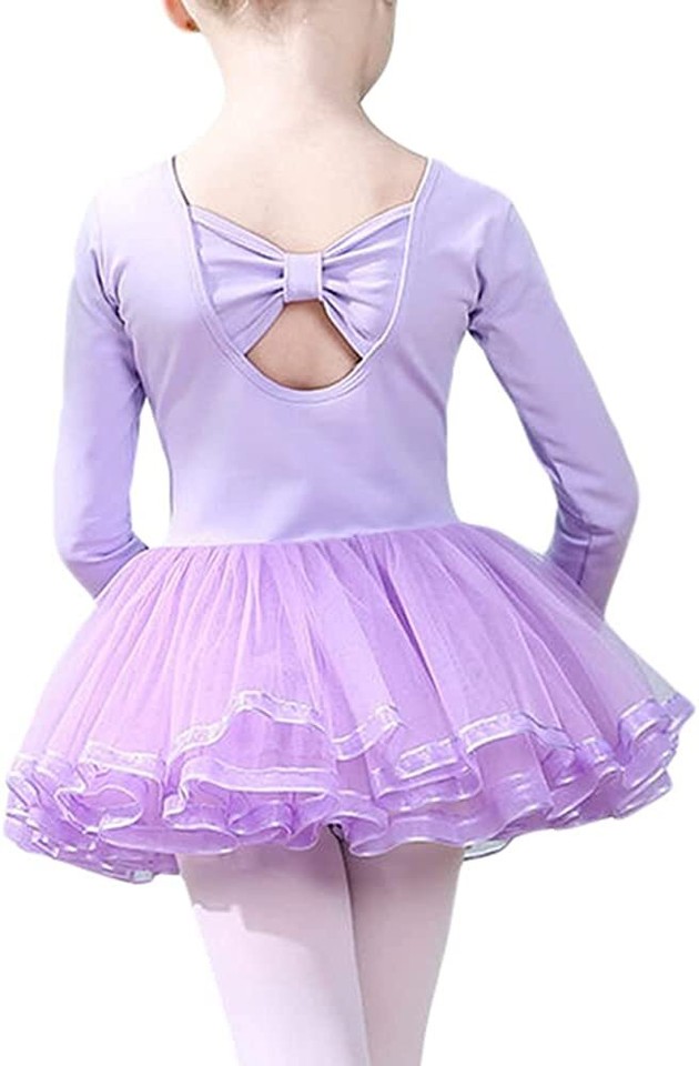 Girls Ballet Long Sleeve Leotards Hollow Back V-Neck Tutu Skirt ...
