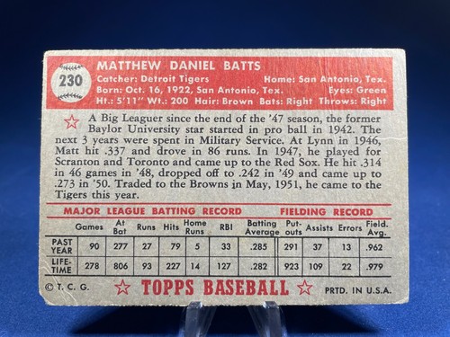 1952 Topps Baseball Card Matt Batts #230 Detroit Tigers | eBay