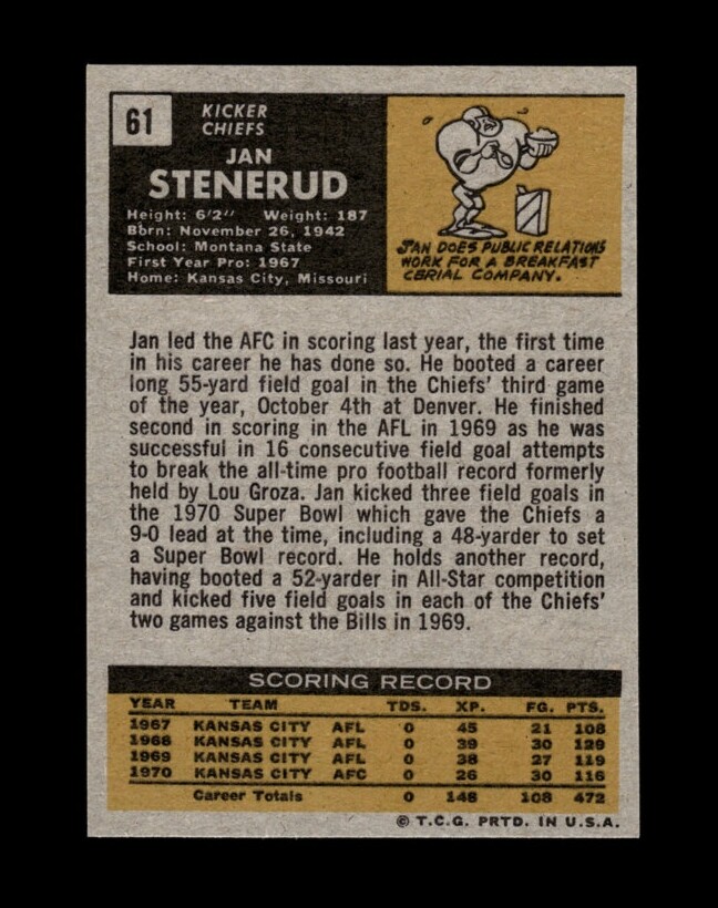 1971 Topps Set-Break # 61 Jan Stenerud NR-MINT *GMCARDS* | eBay