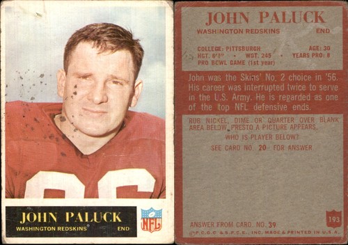 John Paluck 1965 Philadelphia #193 $0.25 COMBD SHIP Redskins ...