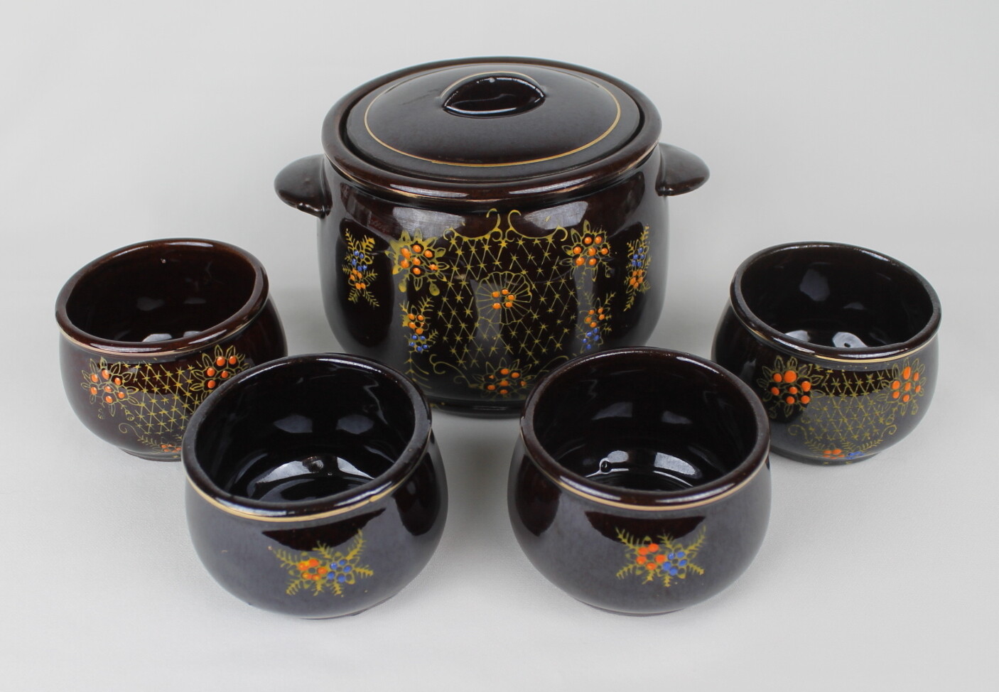 Vintage Rossini Japan Redware Moriage Bean Rice Pot & 4 Bowls - Rich ...