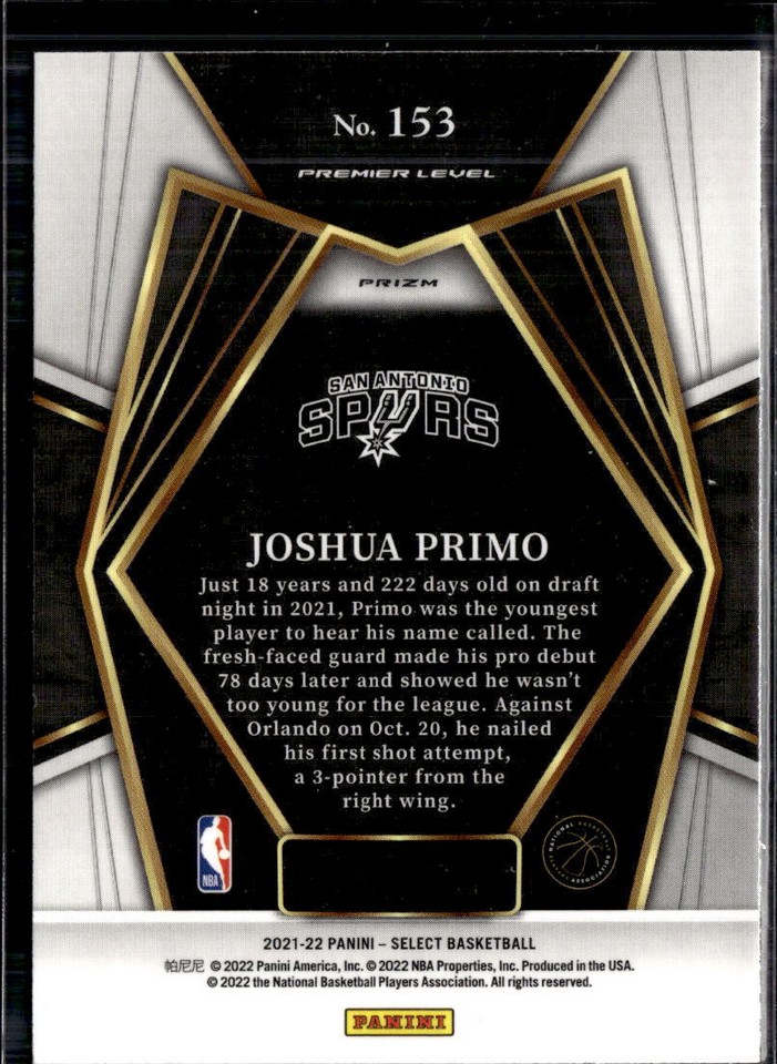 2021-22 Panini Select #153 Joshua Primo Green White Purple Prizms ...