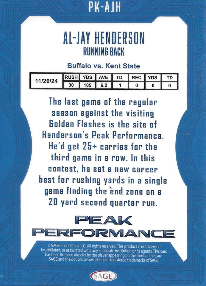 Al-Jay Henderson 2026 Sage #PK-AJH - Purple Chrome Refractor - Buffalo ...