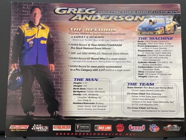 VRHTF NHRA SUMMIT SIGNED BY "GREG ANDERSON 2003 WORLD CHAMP PRO STOCK ...