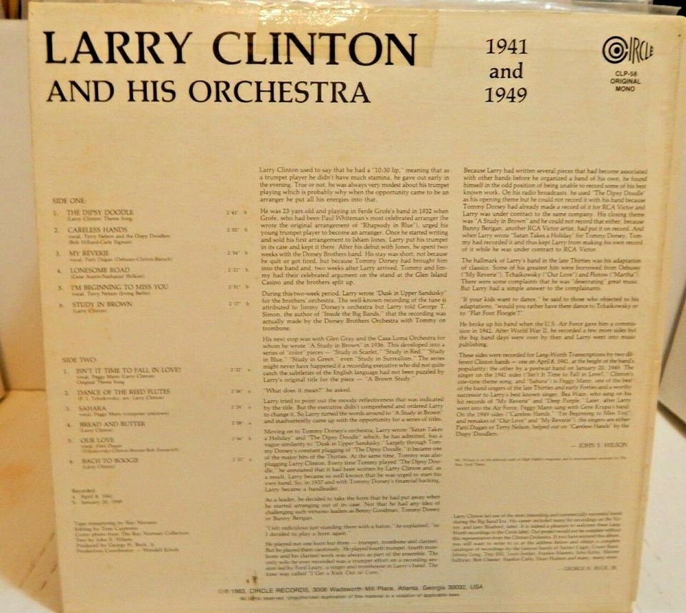 LARRY CLINTON & His Orchestra 1941 AND 1949 Circle Records 1983 LP NM ...