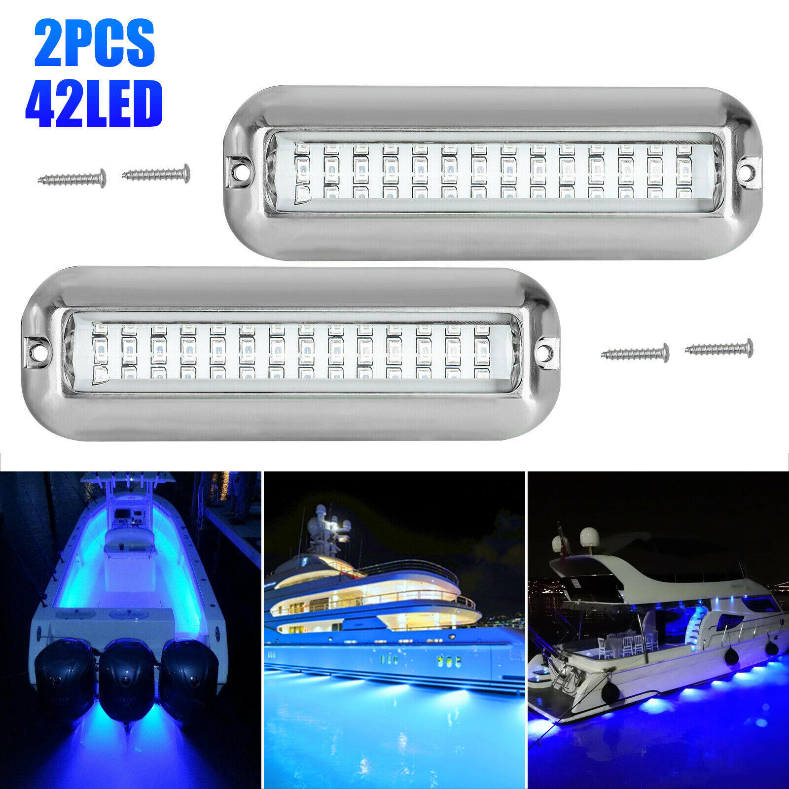 2X Blue 42 LED Underwater BOAT MARINE Transom LIGHTS 316 Stainless ...