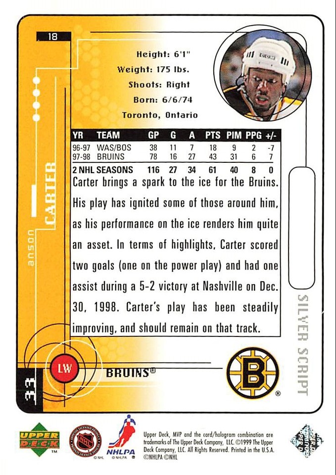 1998 Upper Deck MVP #18 Anson Carter Boston Bruins | eBay