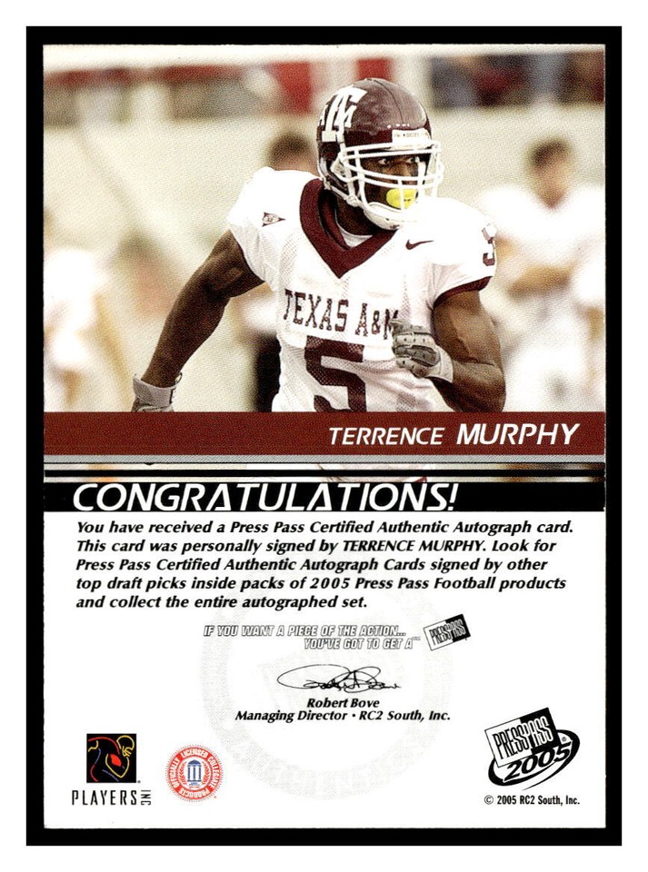 Terrence Murphy 2005 Press Pass AUTO AU Autographs Bronze Auto | eBay