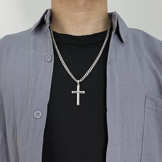925 Silver Cuban Chain Cross Pendant Necklace for Men and women, 20 ...