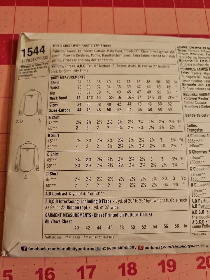 Simplicity Pattern 1544 Mens Button Down Shirt Yoke Cuffs Collars Sizes ...