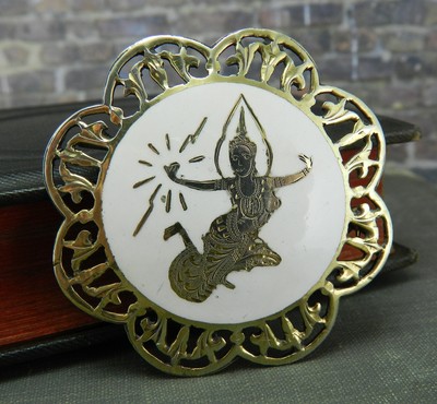 Vintage Siam Niello Silver- White Enamel Pin/ Brooch w Goddess Mekala ...