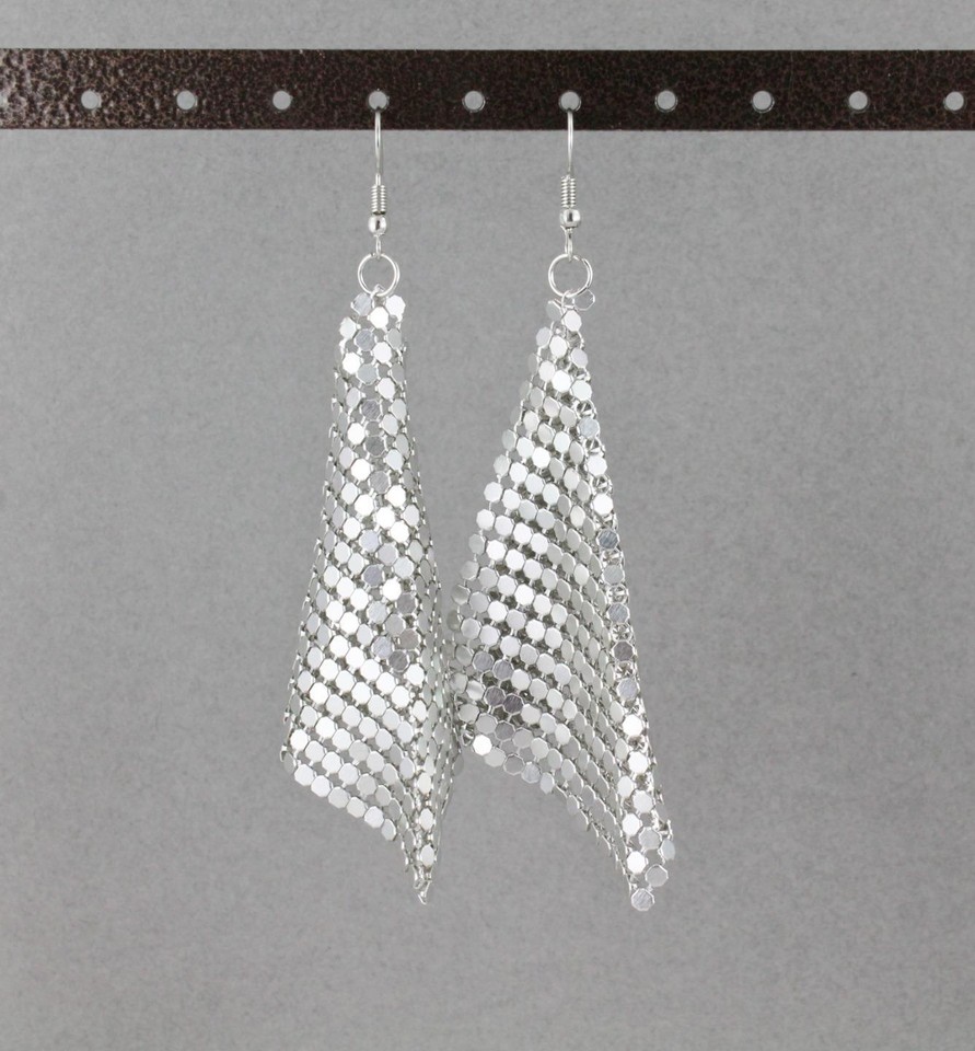 Silver mesh earrings lightweight dangle liquid mesh metal 4" long ...