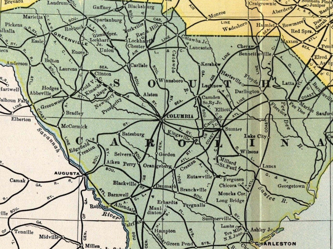 1901 Antique North Carolina South Carolina Railroad Map Railway Map ...