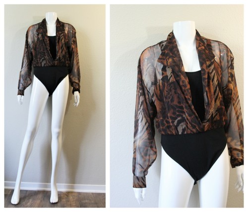 Vintage 1980s 80s Animal Print Body Suit chiffon tiger leopard shirt ...