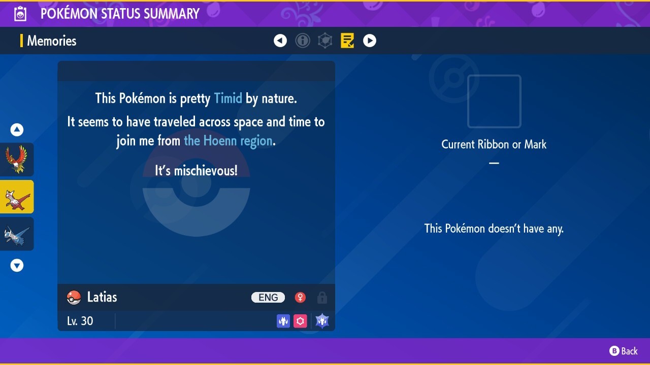 Shiny Latias 6IV Lv. 30 Timid Nature Legendary Pokemon Home Scarlet ...