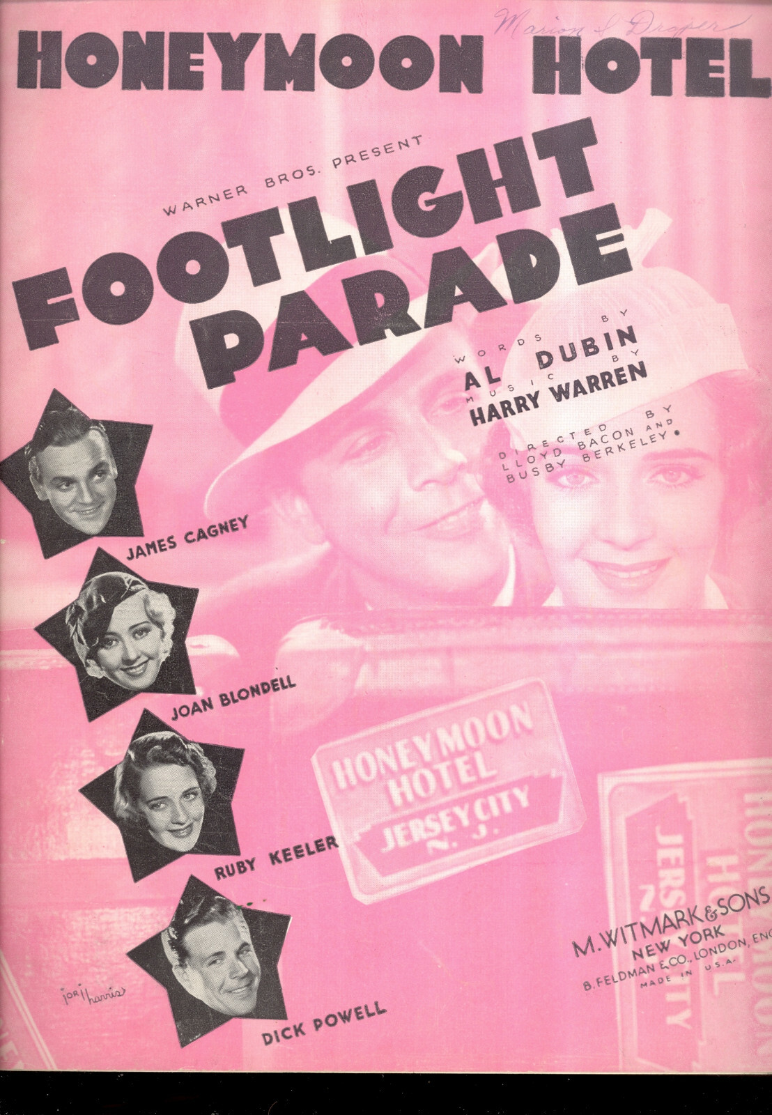 FOOTLIGHT PARADE Sheet Music "Honeymoon Hotel" Dick Powell Ruby Keeler ...