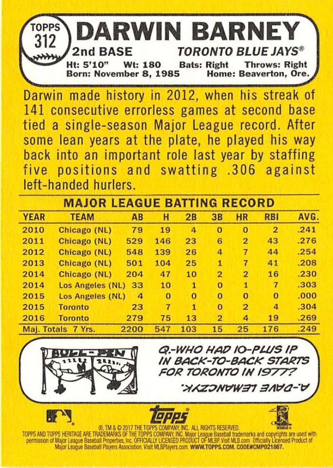 2017 Topps Heritage #312 Darwin Barney Blue Jays NM-MT ID:157617 | eBay