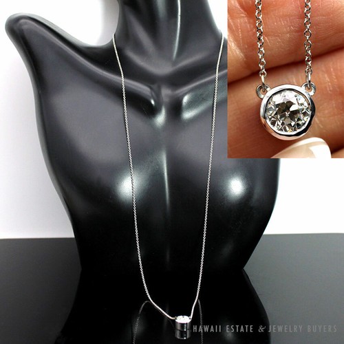 1.01CT I VS1 OLD EURO CUT DIAMOND BEZEL SET 14K WHITE GOLD NECKLACE 20 ...