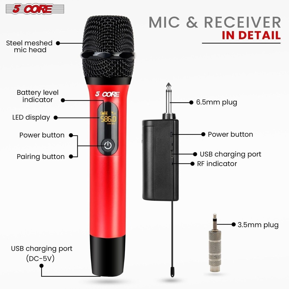 5Core Wireless Microphone Pair UHF Handheld Microfonos Inalambricos ...
