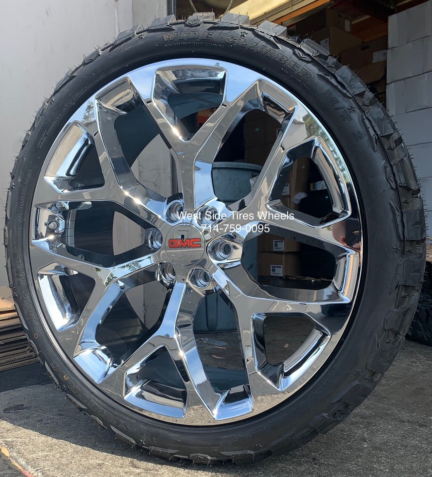 24” SNOWFLAKE CHROME WHEELS Yukon Sierra Silverado Tahoe 33” Mud MT ...