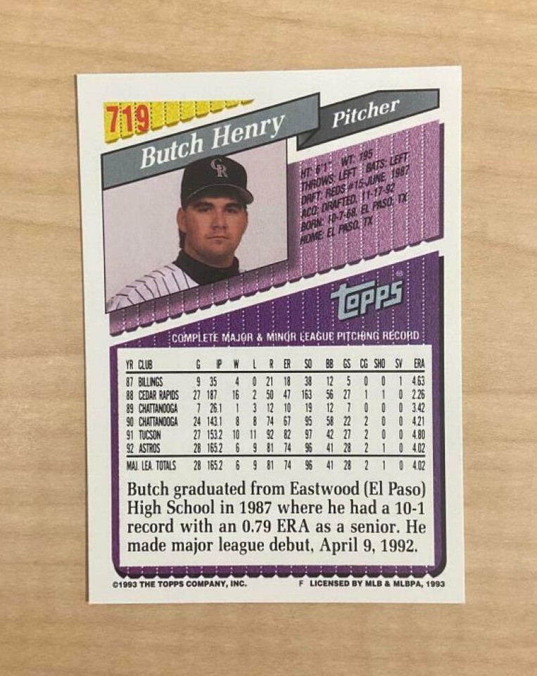 BUTCH HENRY COLORADO ROCKIES SIGNED AUTOGRAPHED 1993 TOPPS CARD #719 W ...