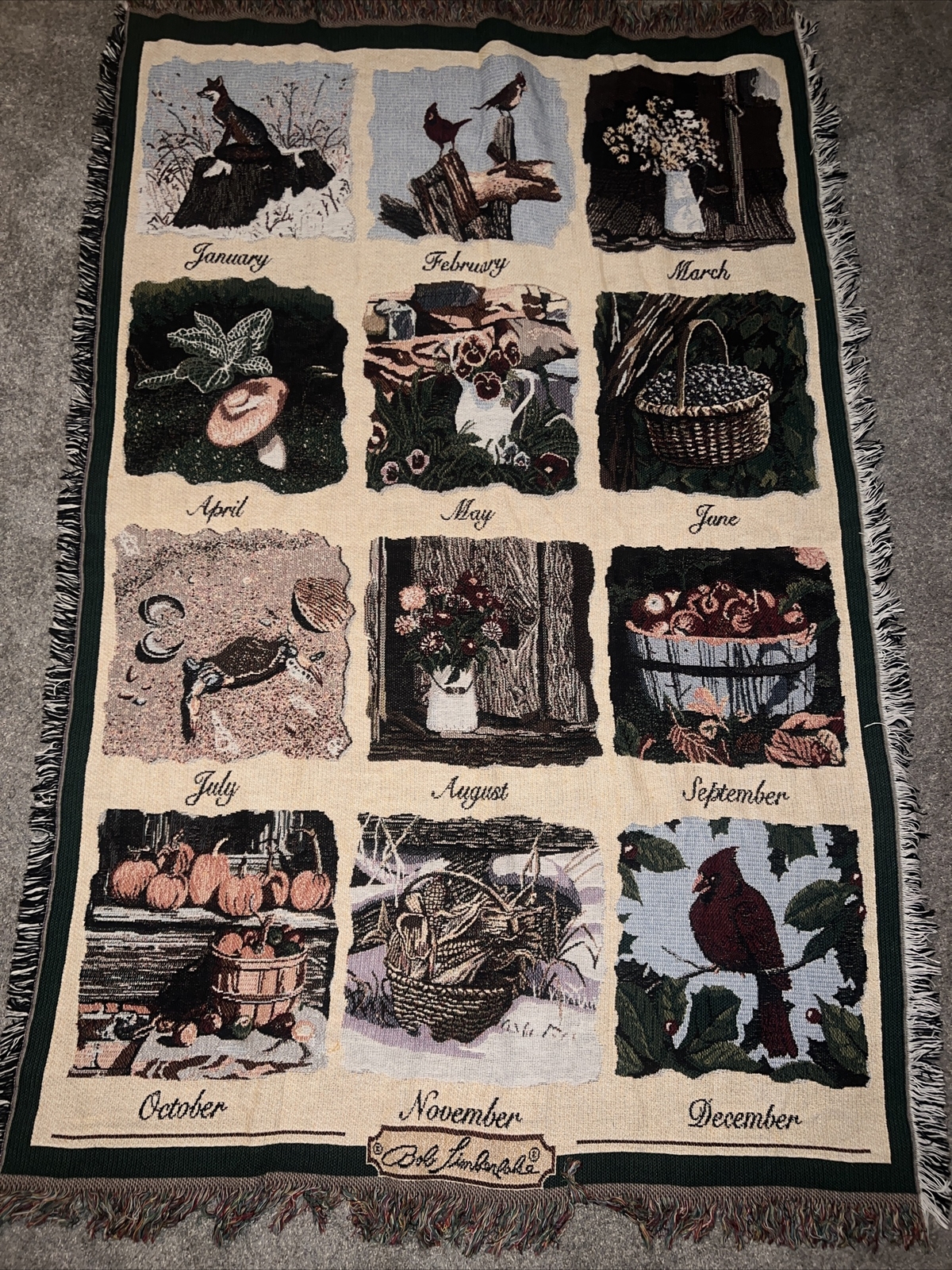 Bob Timberlake Monthly Sampler Woven Tapestry Blanket Throw Fringe 44x ...