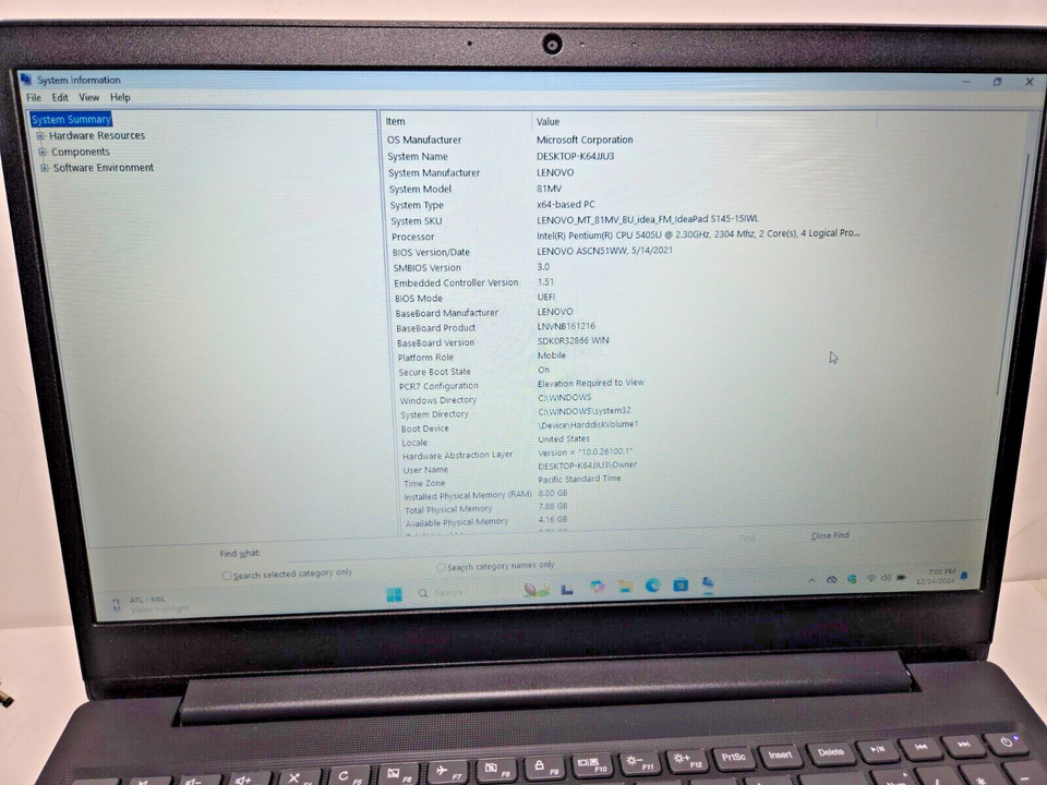 Lenovo IdeaPad S145-15IWL 15.6" Intel Pentium 5405U 2.30GHz 8GB RAM ...