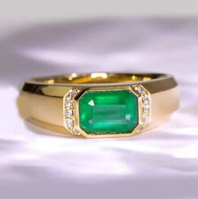 Lab Created Green Emerald 2 Ct Emerald Men's Wedding Ring 14K Yellow ...