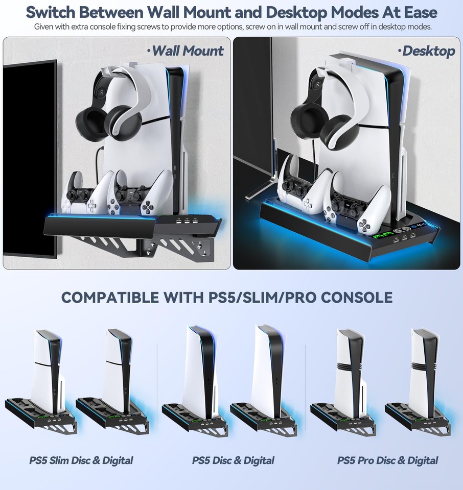 PS5 Wall Mount Kit with Charging Station for Edge & Dual Controller, 9 ...
