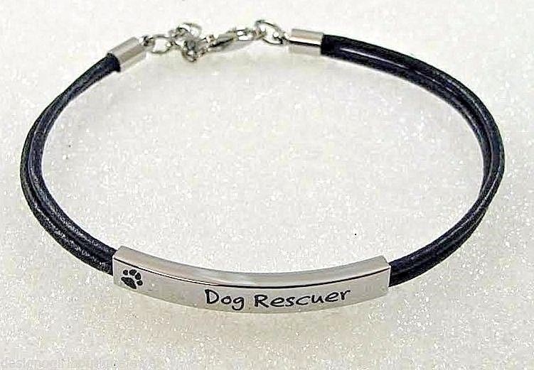 Pet Rescue Bracelet "Dog Rescuer" Black Leather Cord Stainless Steel ...