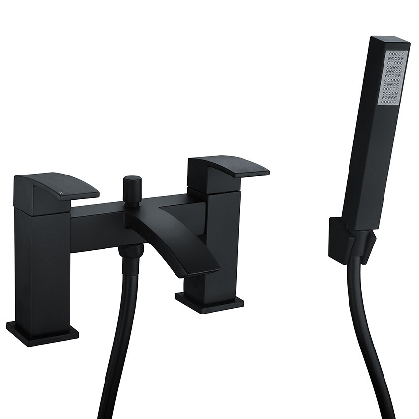 Matt Black Modern Square Bathroom Basin & Bath Taps & Thermostatic ...
