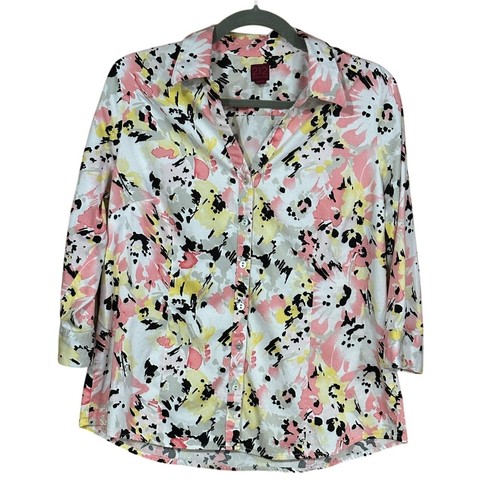 212 Collection Stretch Button-Up Blouse Sz L Pink Yellow Black Abstract ...