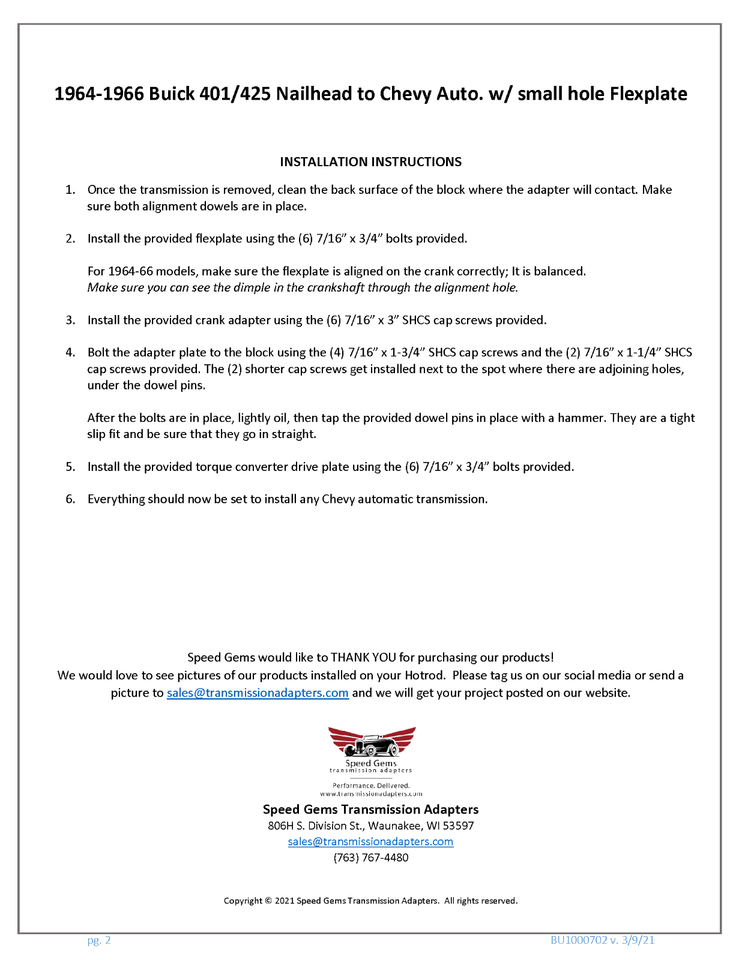 TRANSMISSION ADAPTER KIT: Buick 1964-1966 401 / 425 Nailhead to Chevy ...