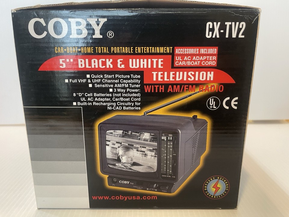 Coby CX-TV2 5" Portable Black & White Television with AM/FM Radio Car ...