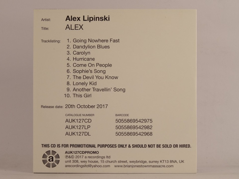 ALEX LIPINSKI ALEX (547) 10 Track Promo CD Album along with Card Sleeve ...