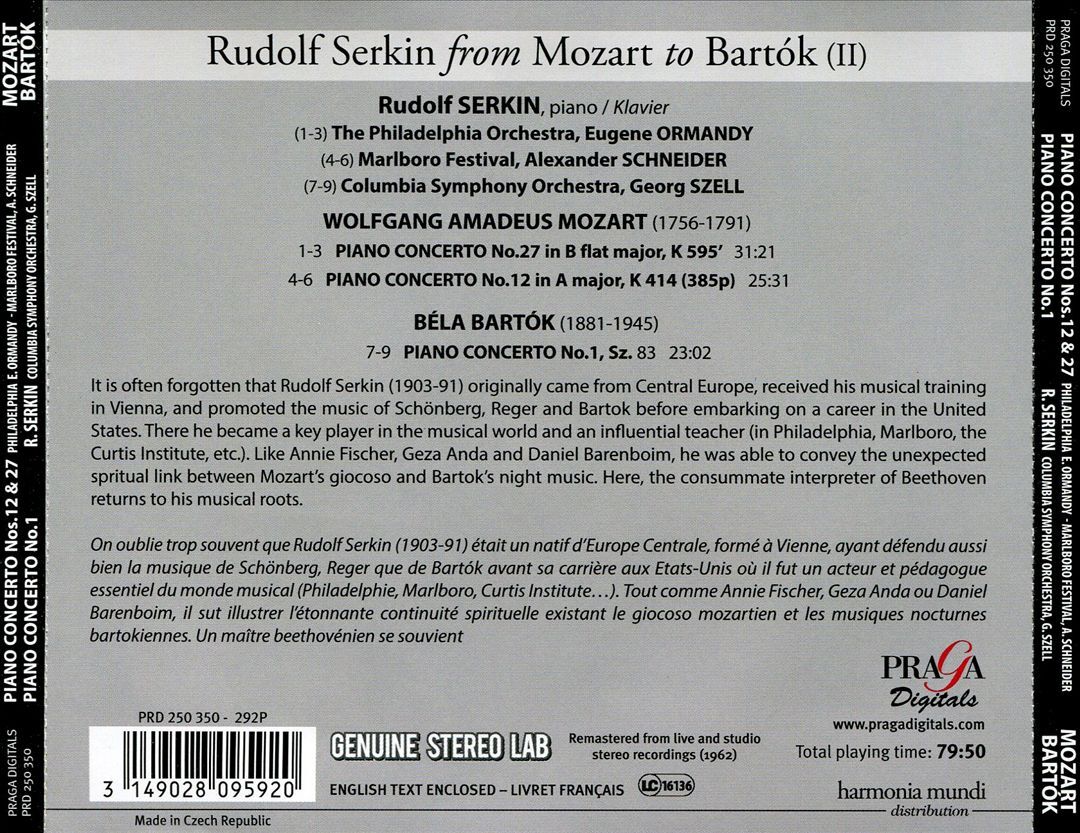RUDOLF SERKIN MOZART: PIANO CONCERTOS NO. 27, K. 595 & NO. 12, K. 414 ...