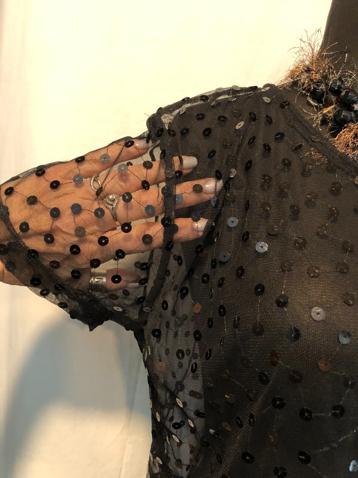 Cache Black Sheer Peek A Boo Mesh Sequin Encrusted To… - Gem