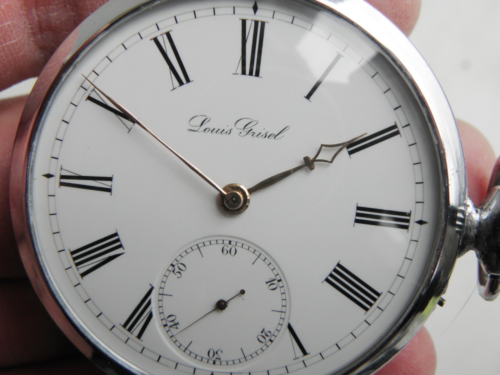 Old Antique timepiece Pocket watch Louis Grisel Open Face Enamel dial ...