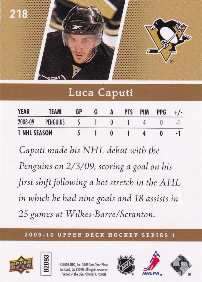 2009-10 Upper Deck Exclusives #218 Luca Caputi YG 052/100 | eBay